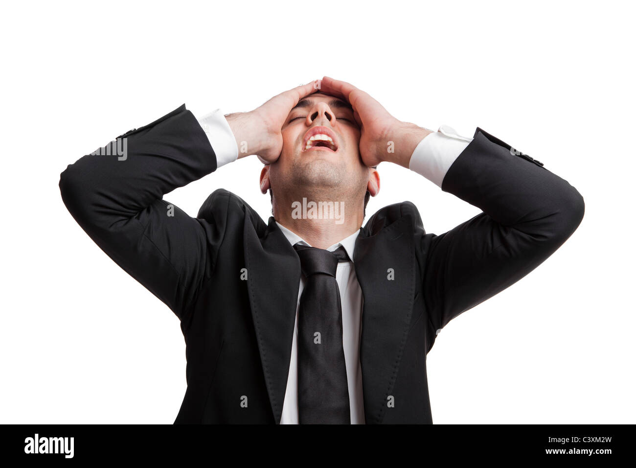 Young businessman worried with a bad business, isolated over a white ...