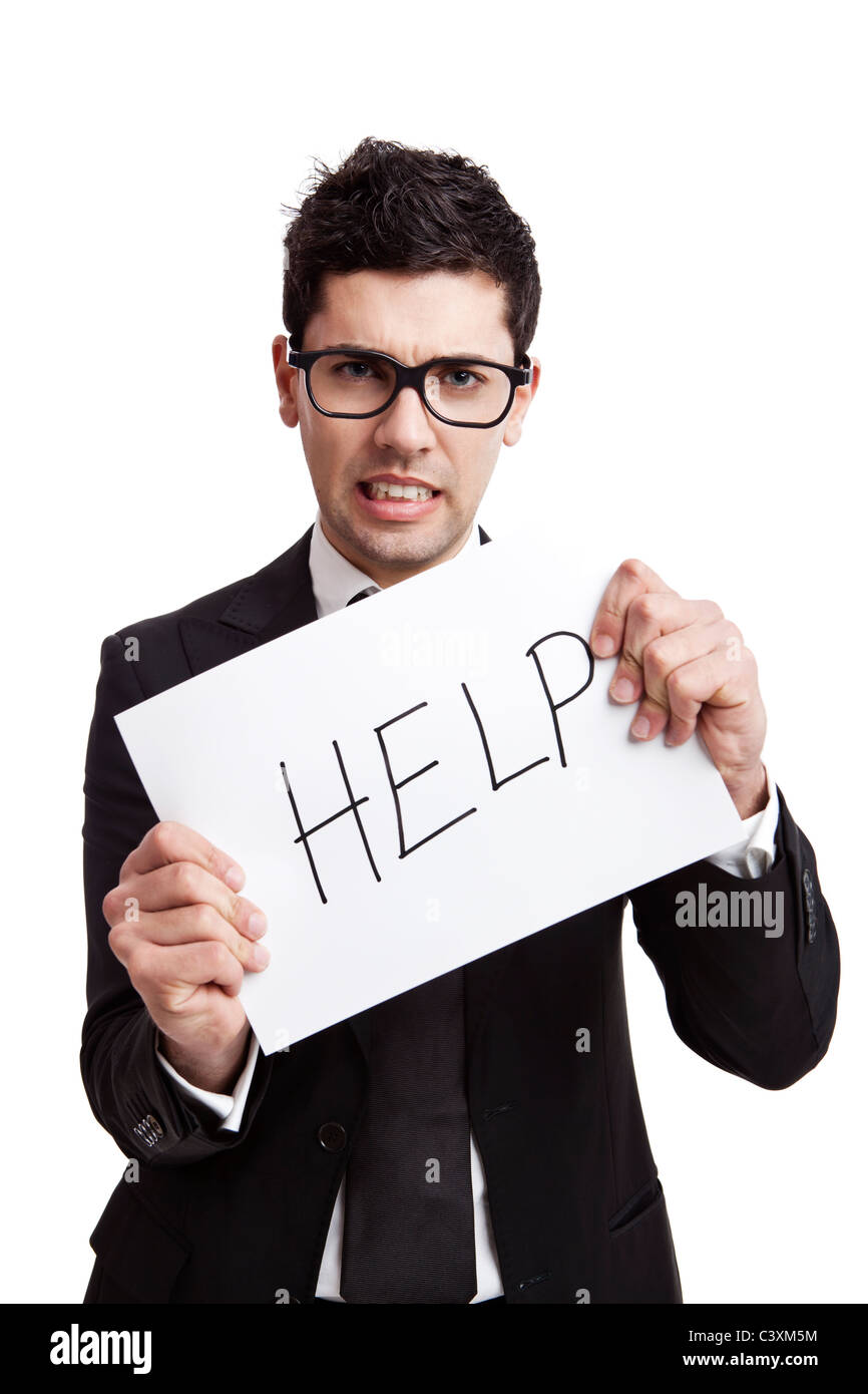 Nerd businessman holding a cardboard with the text Help, isolated on ...