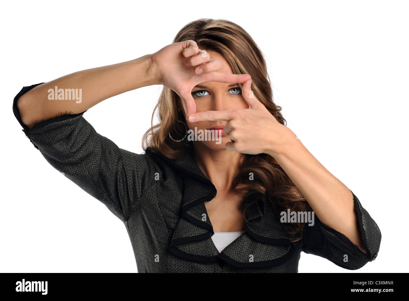 Portrait of beautiful businesswoman using hands to frame face isolated ...