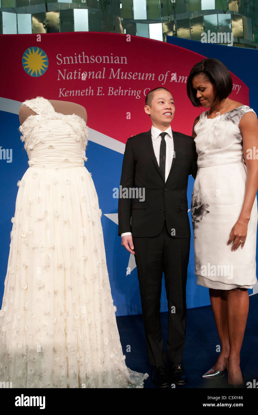 Michelle Obama and Jason Wu look at the inaugural gown during a ...