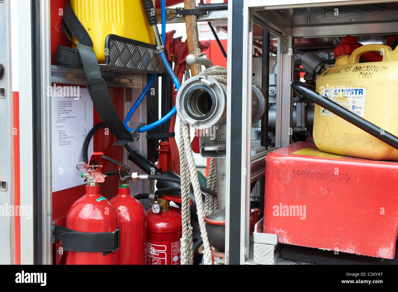 Fire engines, water hoses, nozzles and other equipment at a fire ...