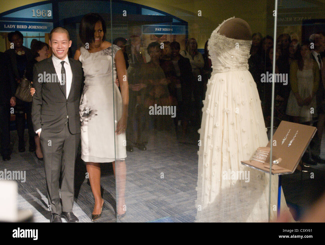 Michelle Obama and Jason Wu look at the inaugural gown during a ...