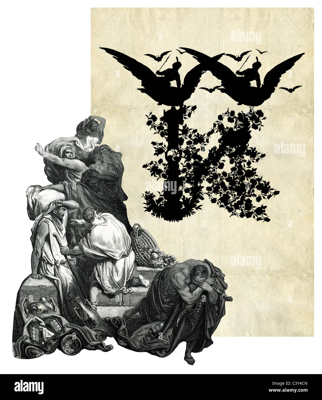 Victorian initial letter N with Owl and frightened people Stock Photo ...