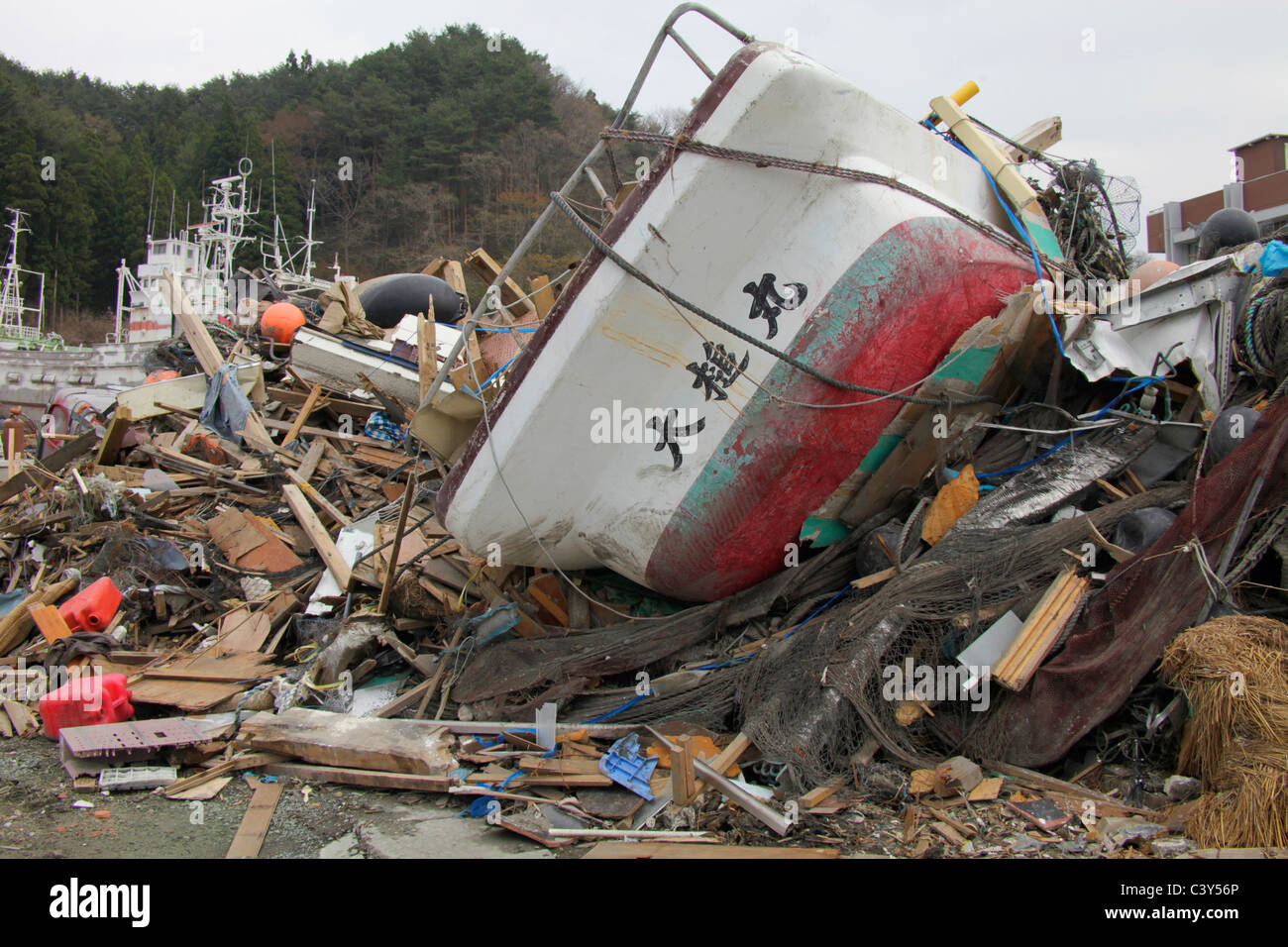 A fishing boat washed ashore during the tsunami Otsuchi-cho Iwate Japan ...