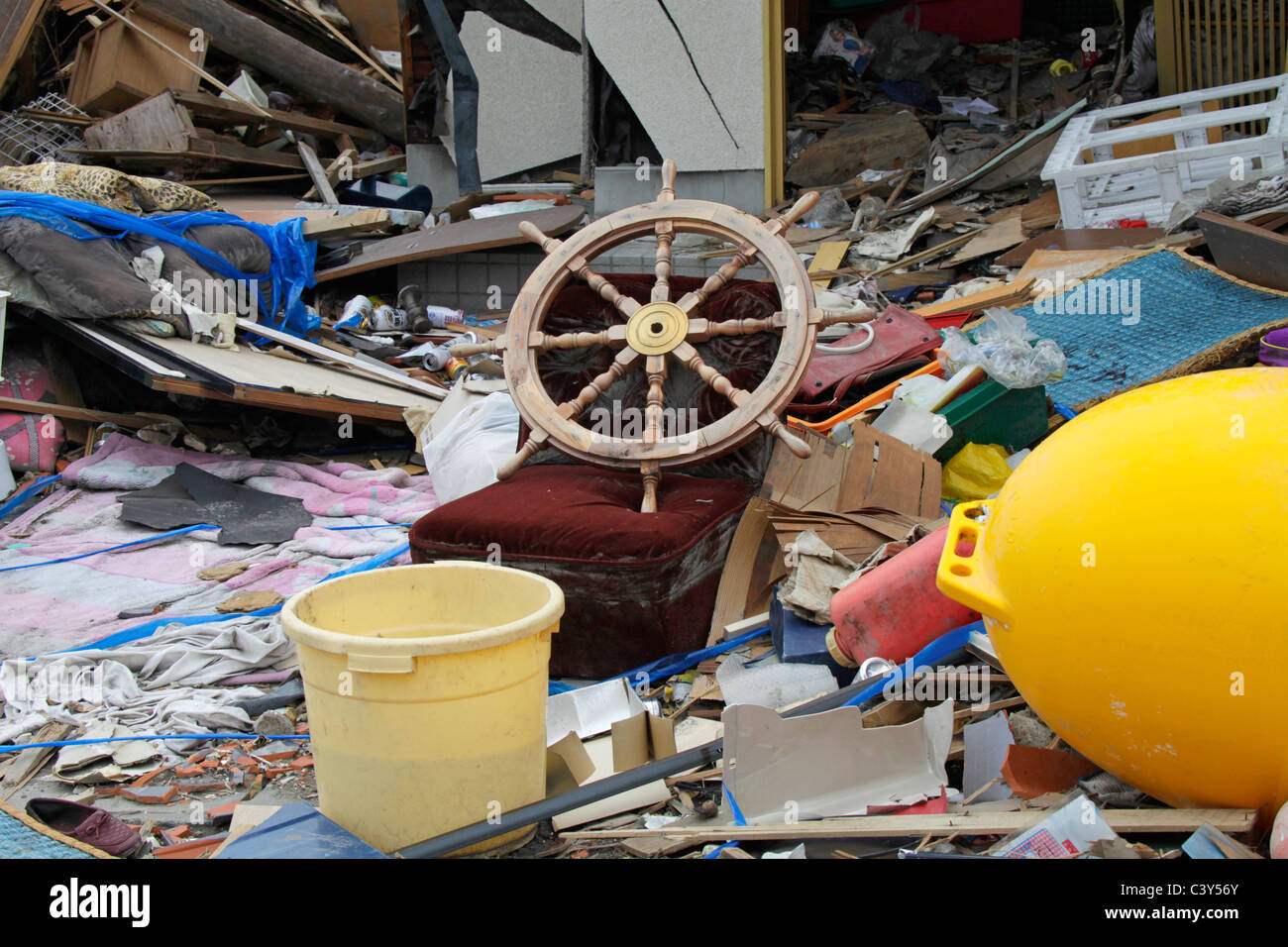 Ruins of the devastated residential area of tsunami hit Otsuchi-cho ...