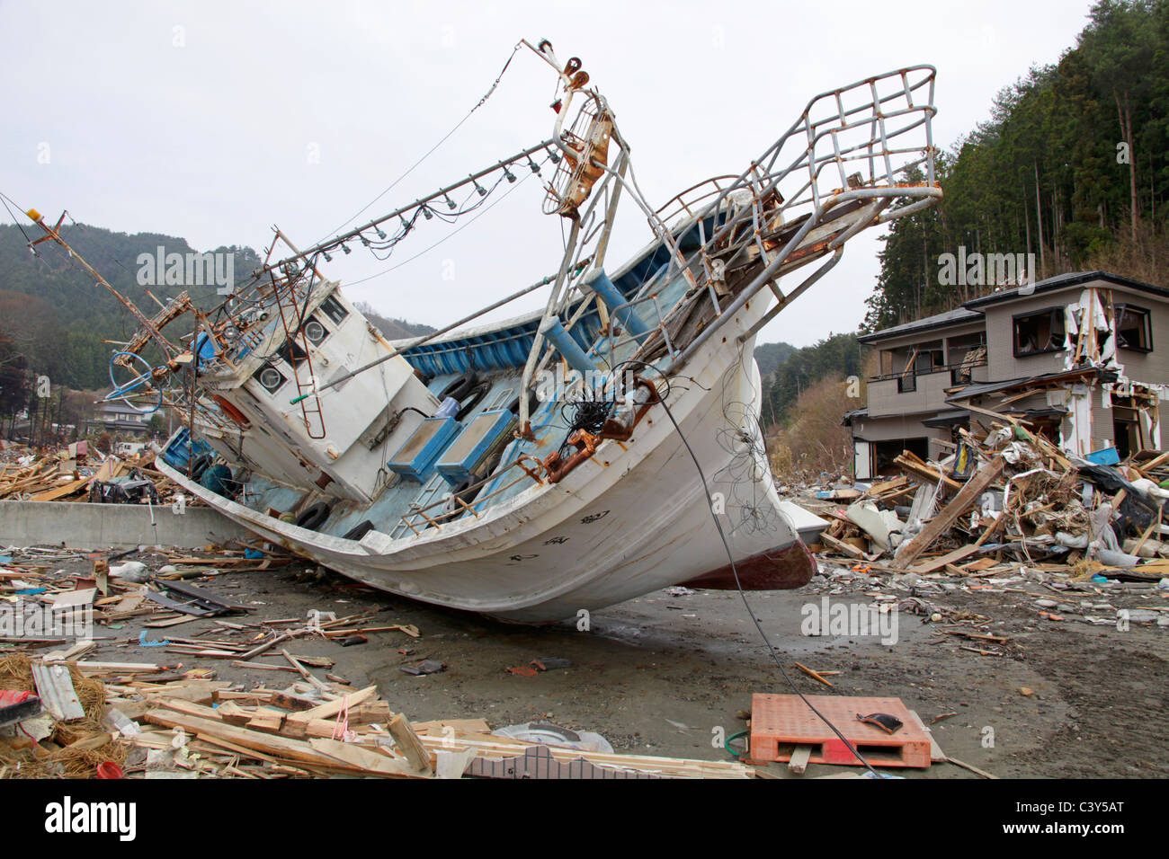 A fishing boat washed ashore during the tsunami Otsuchi-cho Iwate Japan ...