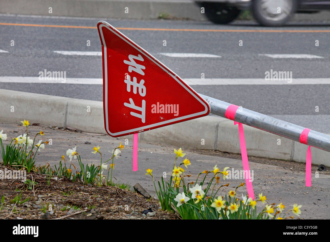 A destroyed traffic sign by tsunami 11th March 2011 Kirikiri Otsuchi ...