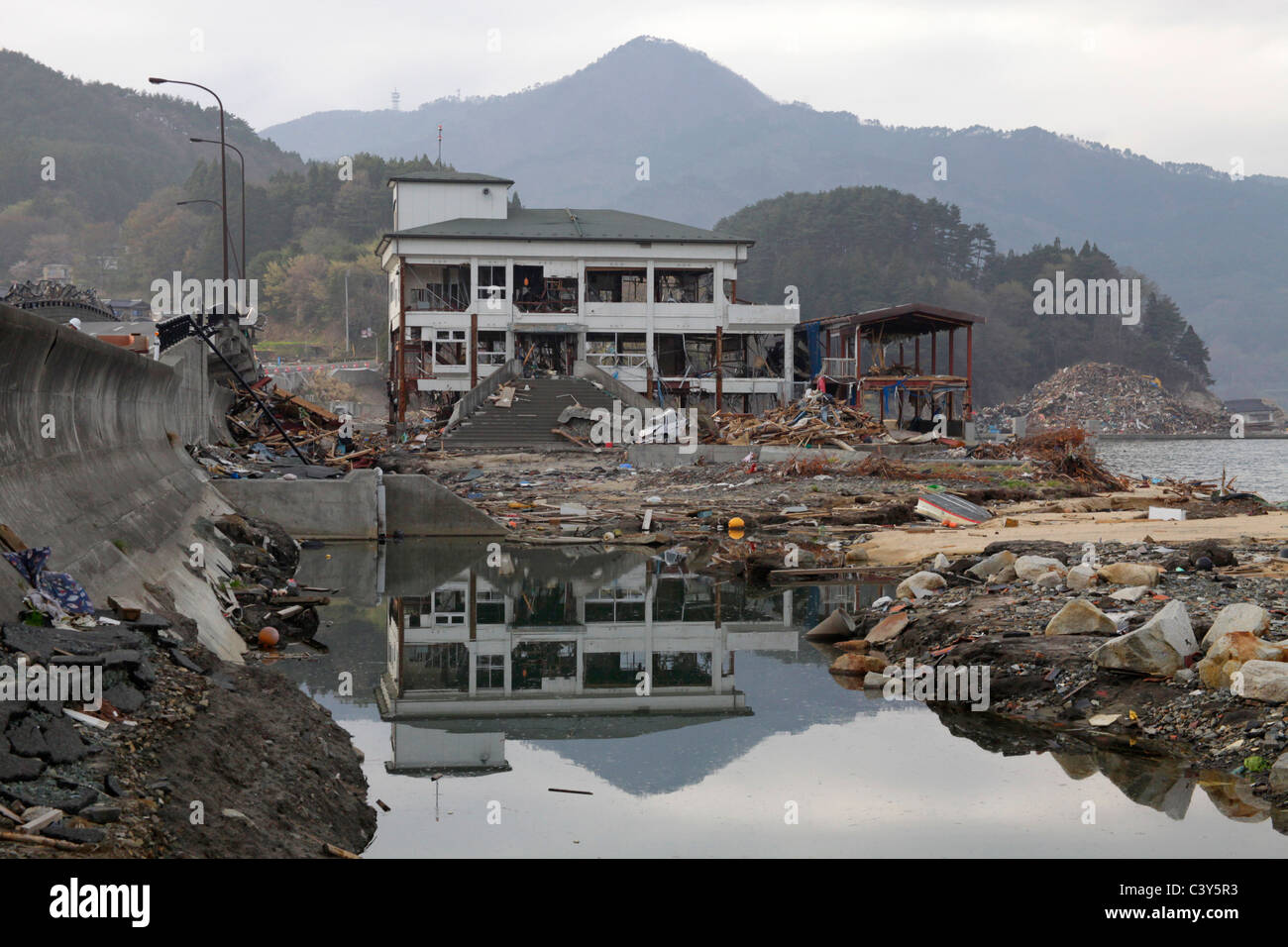 Buildings by the sea destroyed by tsunami Ootsuchi-cho town Iwate Japan ...