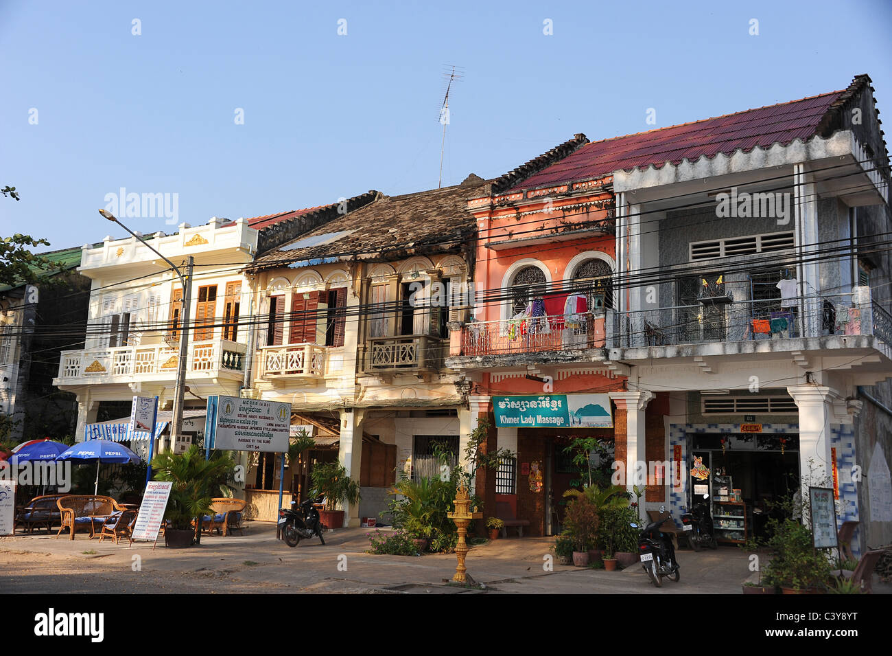 Typical roadside buildings in Kampot town, Southern Cambodia Stock ...
