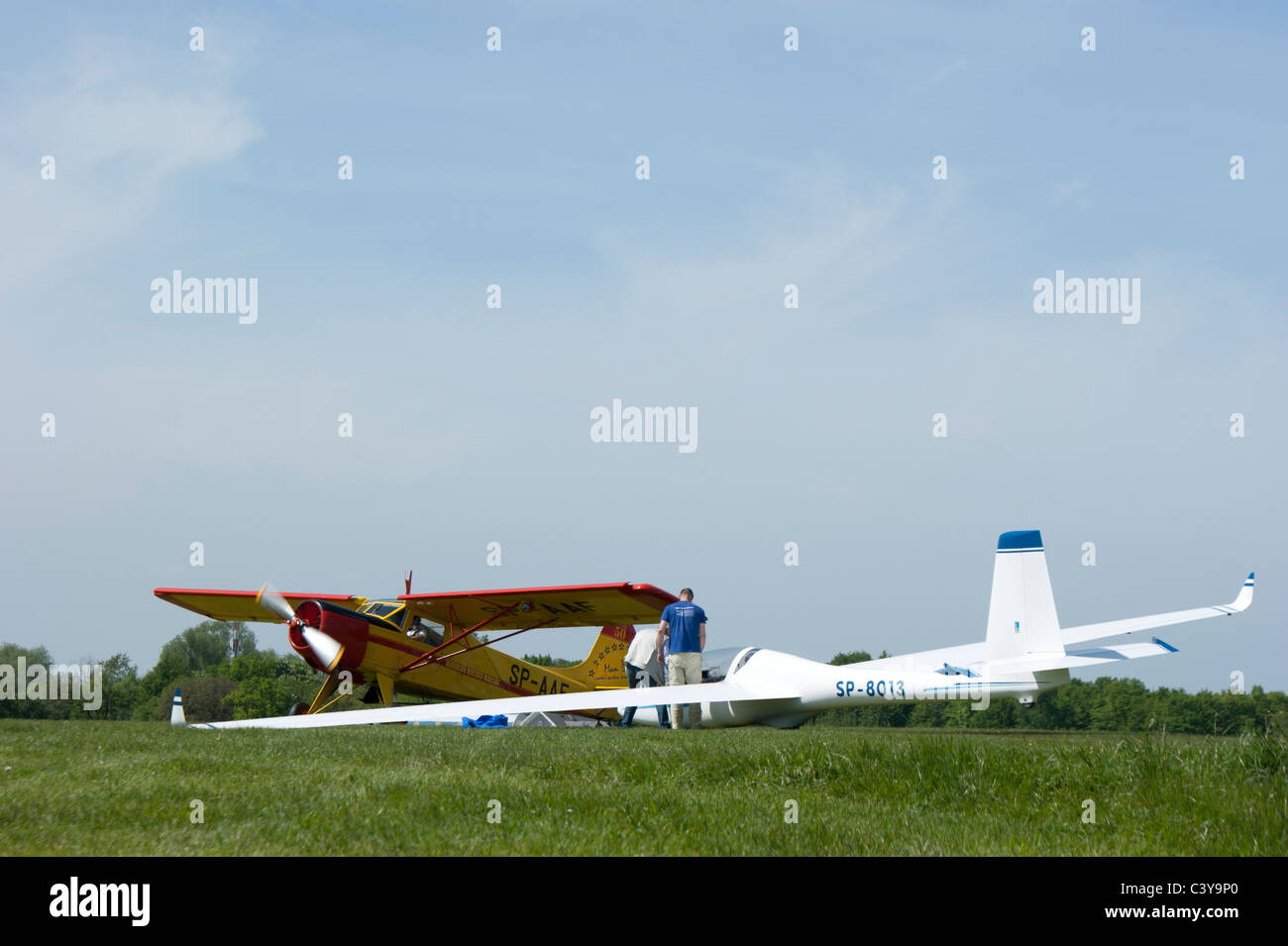 Prepare glider to start, grass airfield in Bielsko-Biala, Poland Stock ...