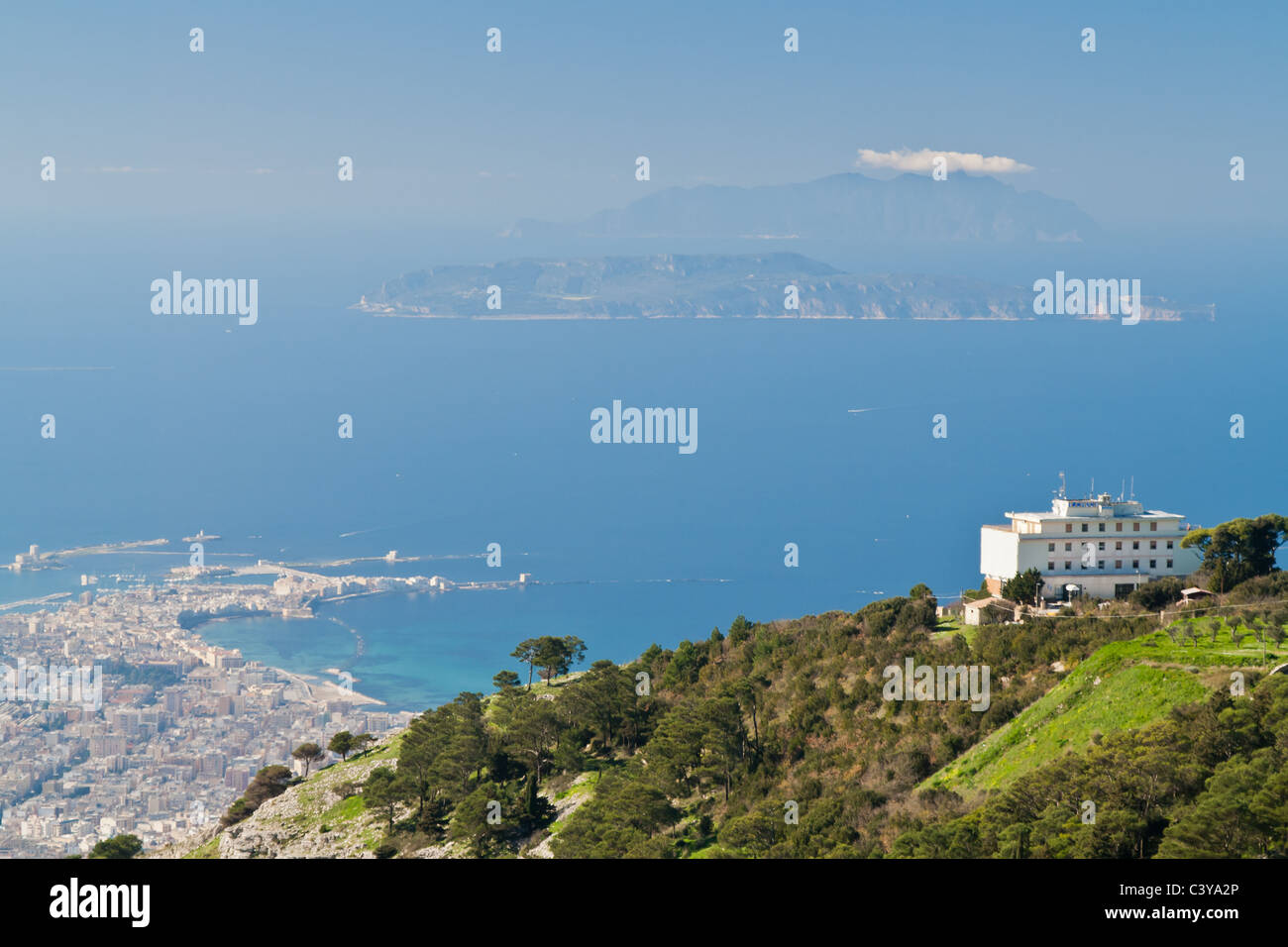 View from Erice (medieval town on top of Mount Erice, at around 750m ...