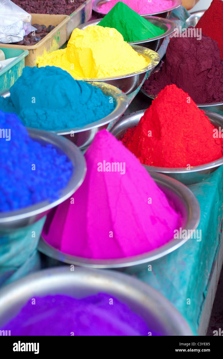 Colourful rangoli powders sold in the markets in Mysore, Karnataka ...