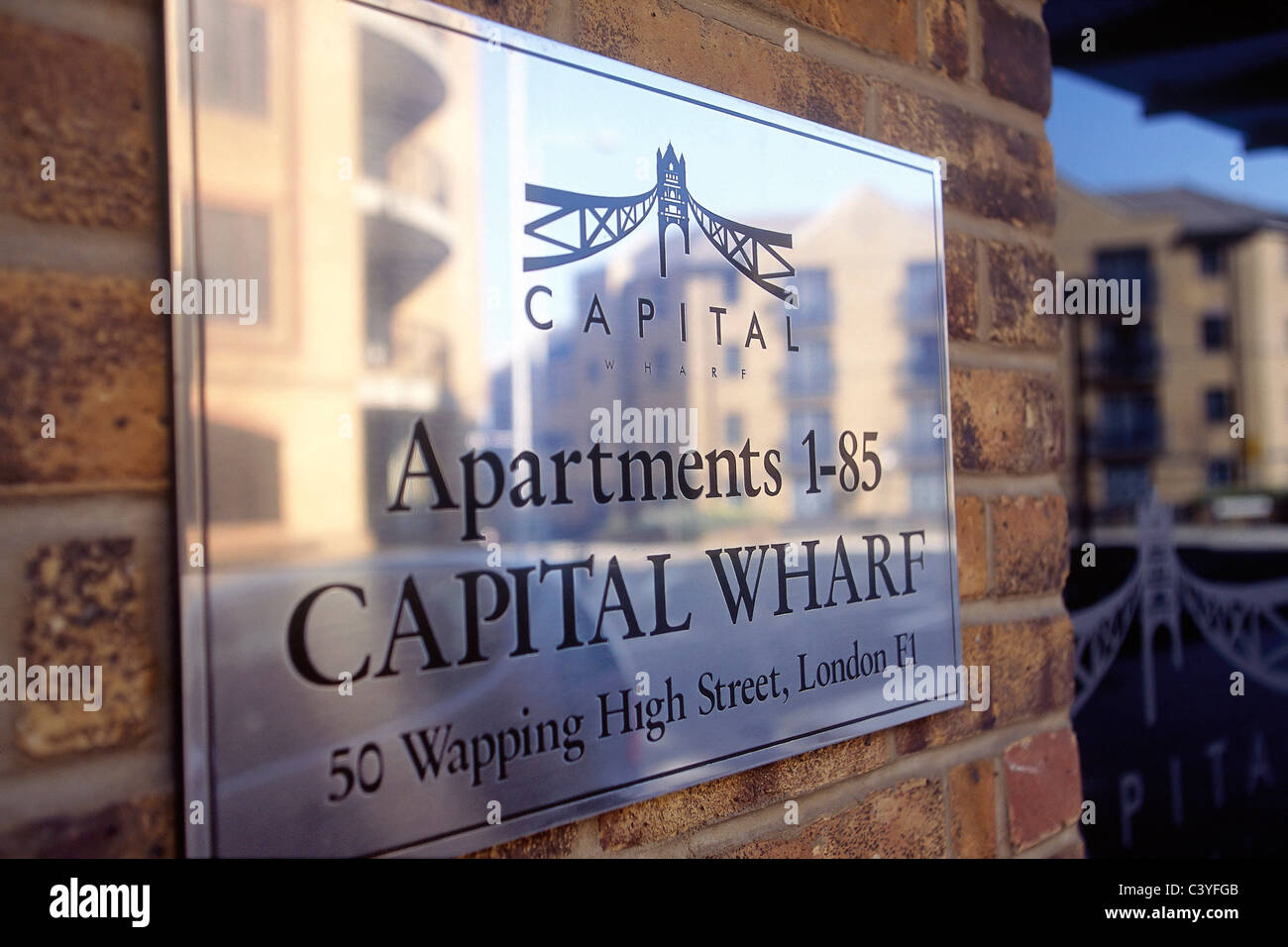 Detail of name plate on wall of residential apartment Canary Wharf ...
