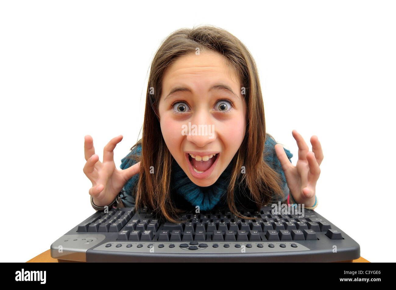 Stressed young girl in front of a computer screen Stock Photo - Alamy