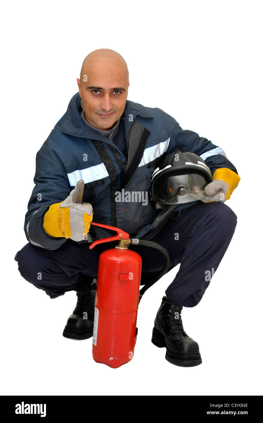 Fireman in uniform isolated in white Stock Photo - Alamy