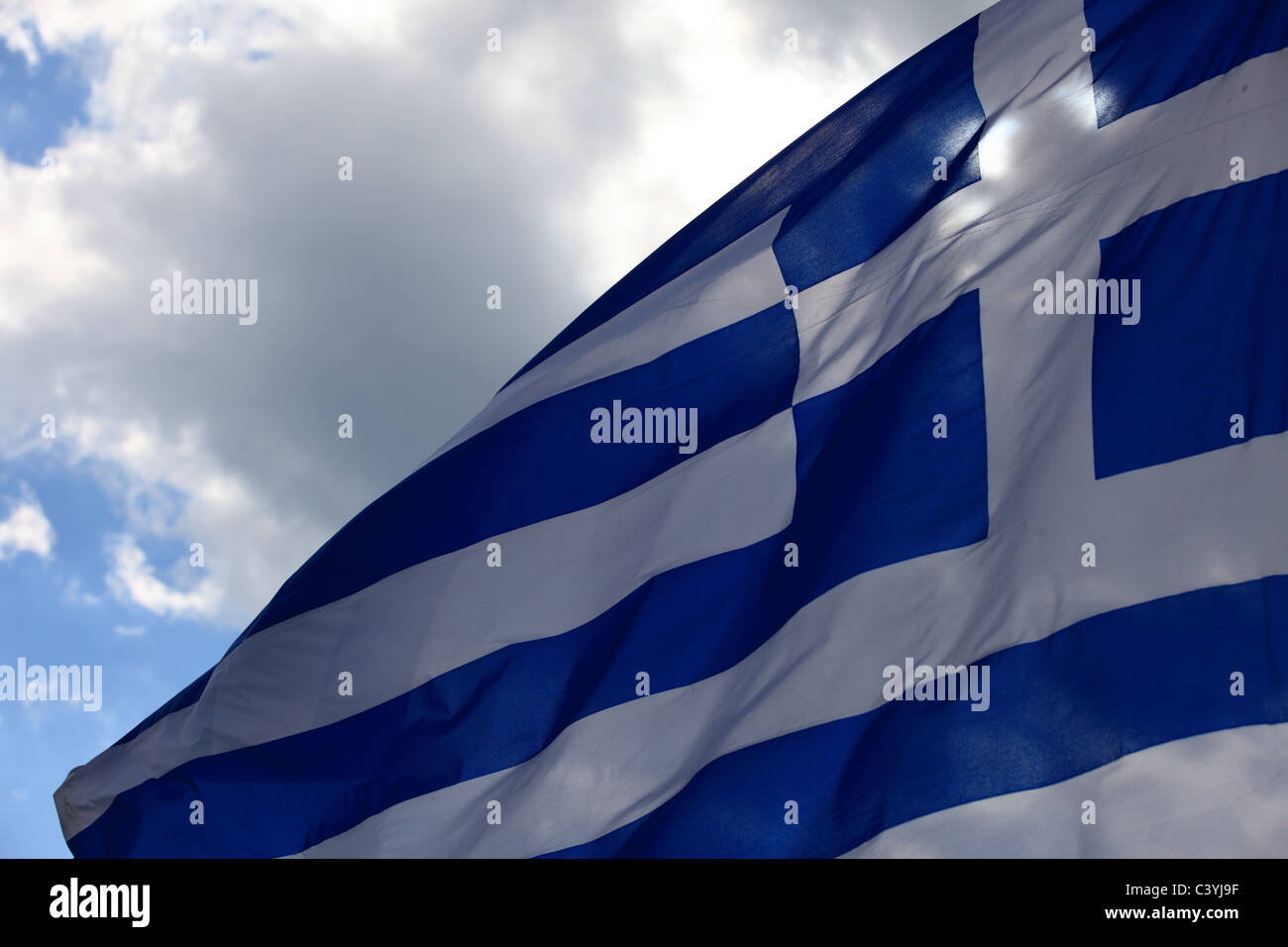 Greek flag on a Greek ship at the Pireaus harbour in Athens Greece ...