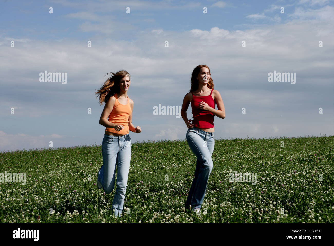 teenagers, jogging, grass, grassland, laughing, people, girls, portrait ...