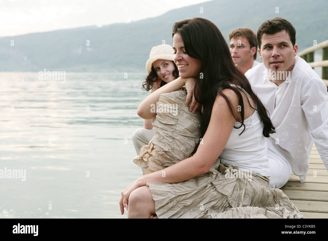 adults, relaxing, feel, lakeside, gentle, portrait, group, happy ...