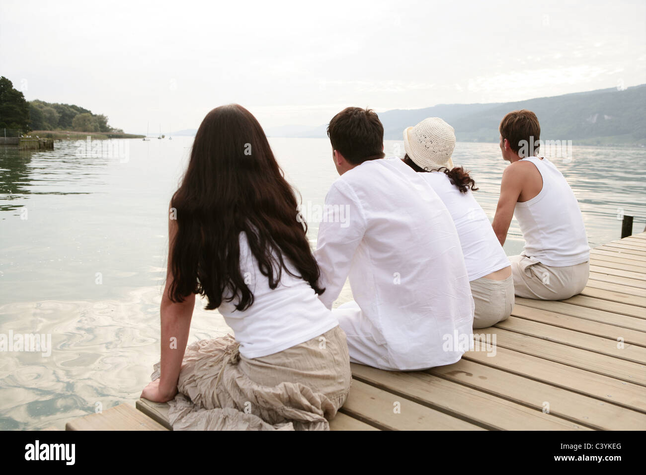 adults, relaxing, feel, lakeside, jetty, gentle, portrait, group, happy ...