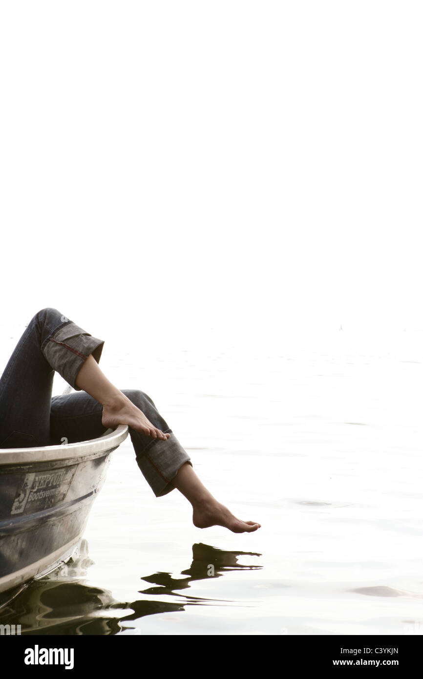 female, leg, touching, water, boat, lake, relax, ship, legs, denim ...