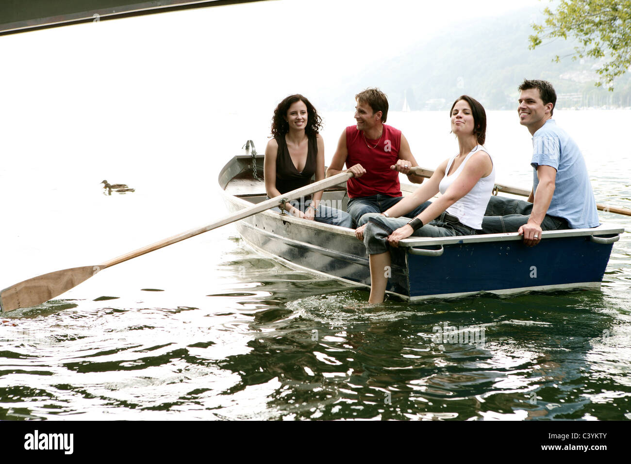 group, rowing, laughing, boat, lake, portrait, people, adults, flirt ...