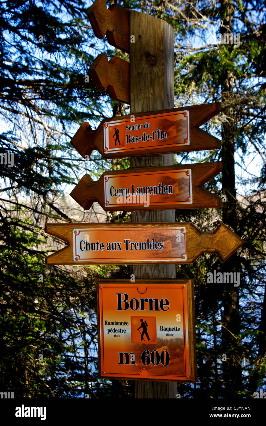 Wooden hiking trail direction signs on post along Riviere-du-Loup at ...