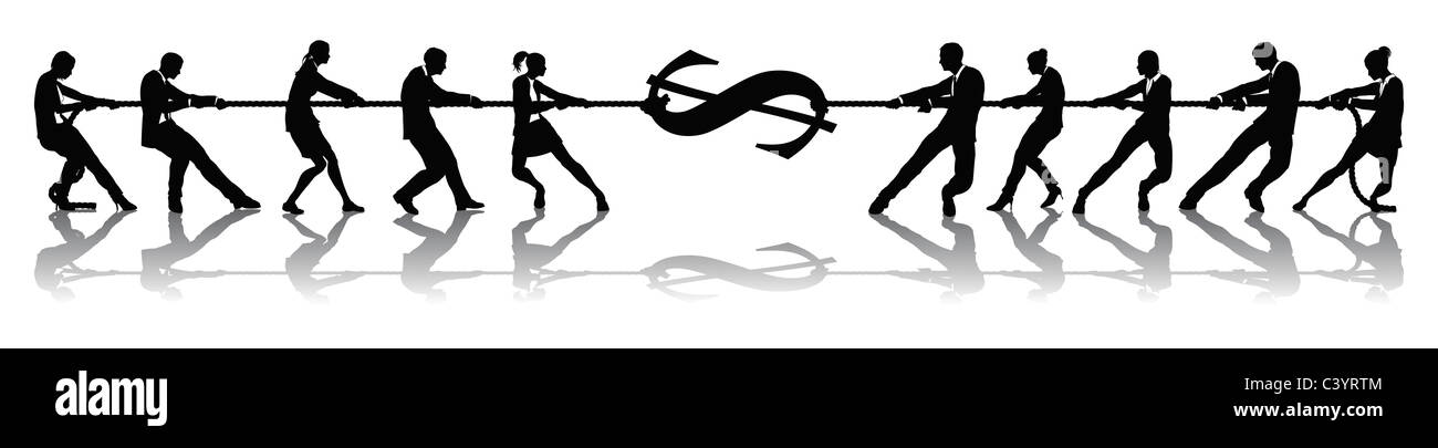 Business people fighting over money or stretching dollar currency money ...