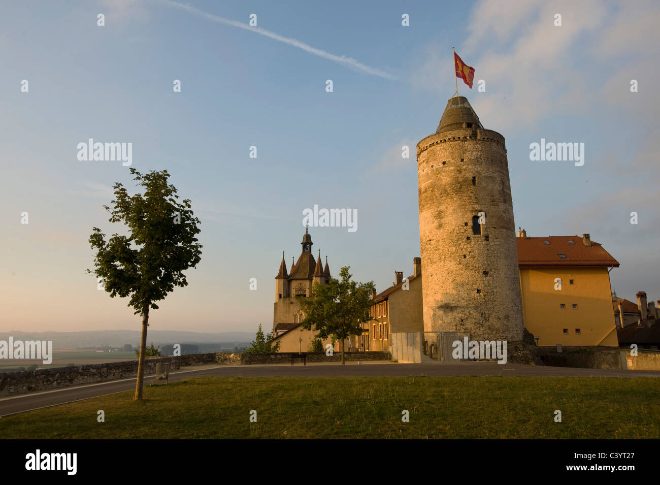 Switzerland, flag, banner, meadow, church, Vaud, Orbe, castle, tower ...
