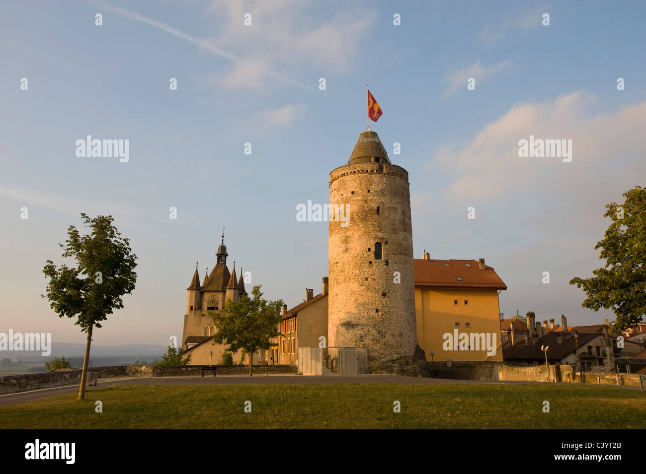 Switzerland, flag, banner, meadow, church, Vaud, Orbe, castle, tower ...