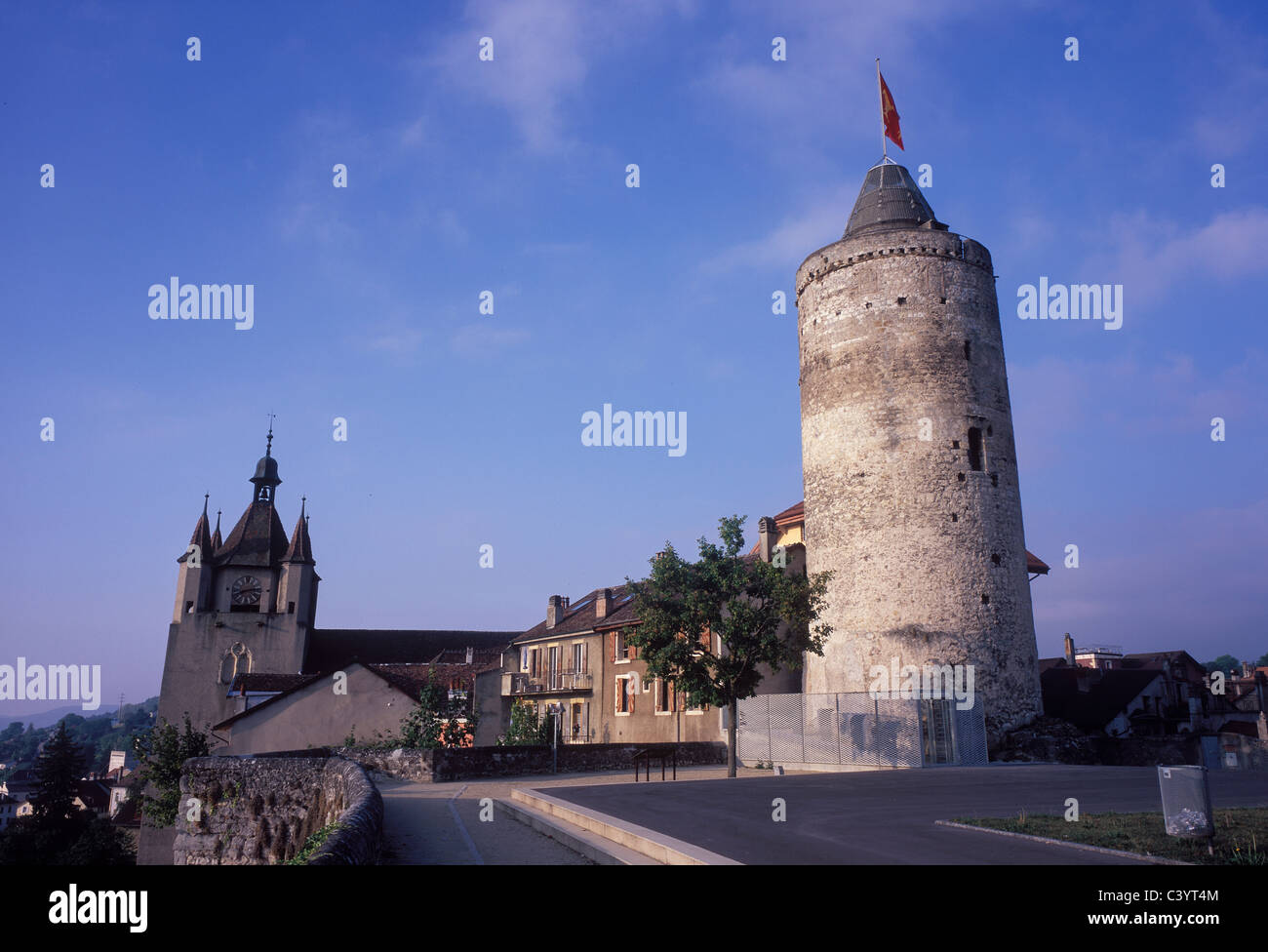 Switzerland, flag, banner, meadow, church, Vaud, Orbe, castle, tower ...