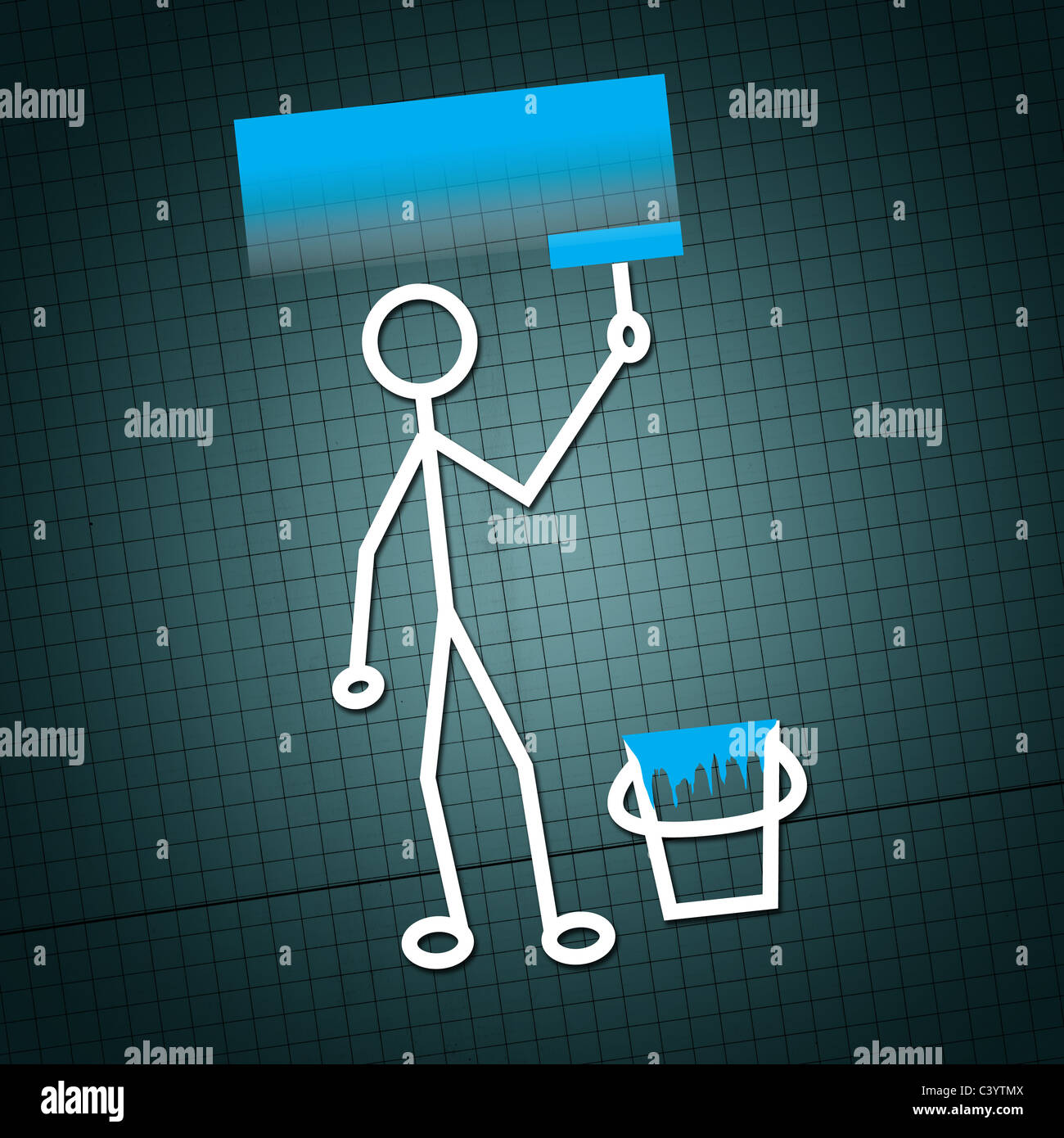 An illustration of a humanoid figure painting a wall in blue Stock ...