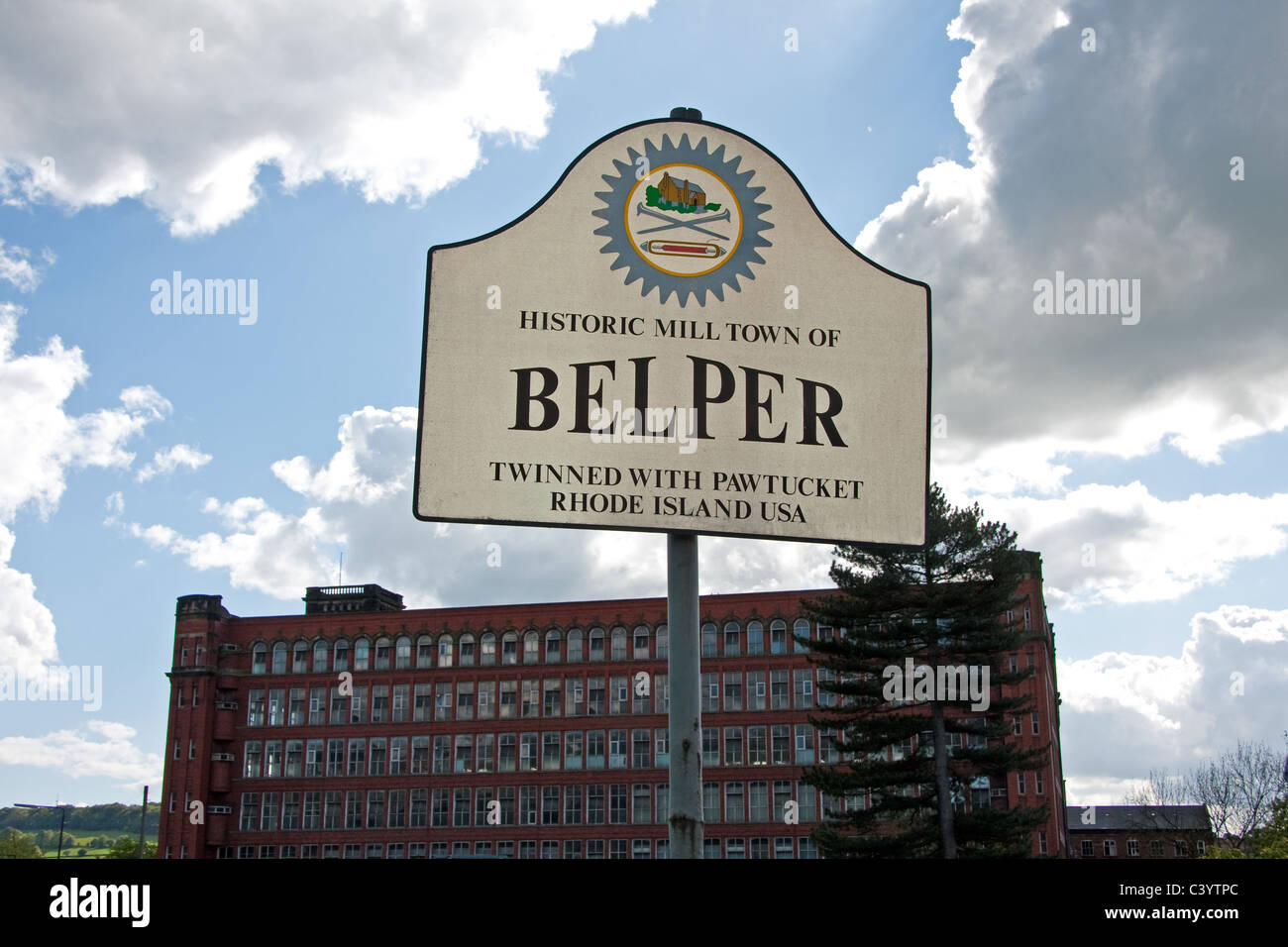 Belper sign with historic Strutt's Mill in background Stock Photo - Alamy