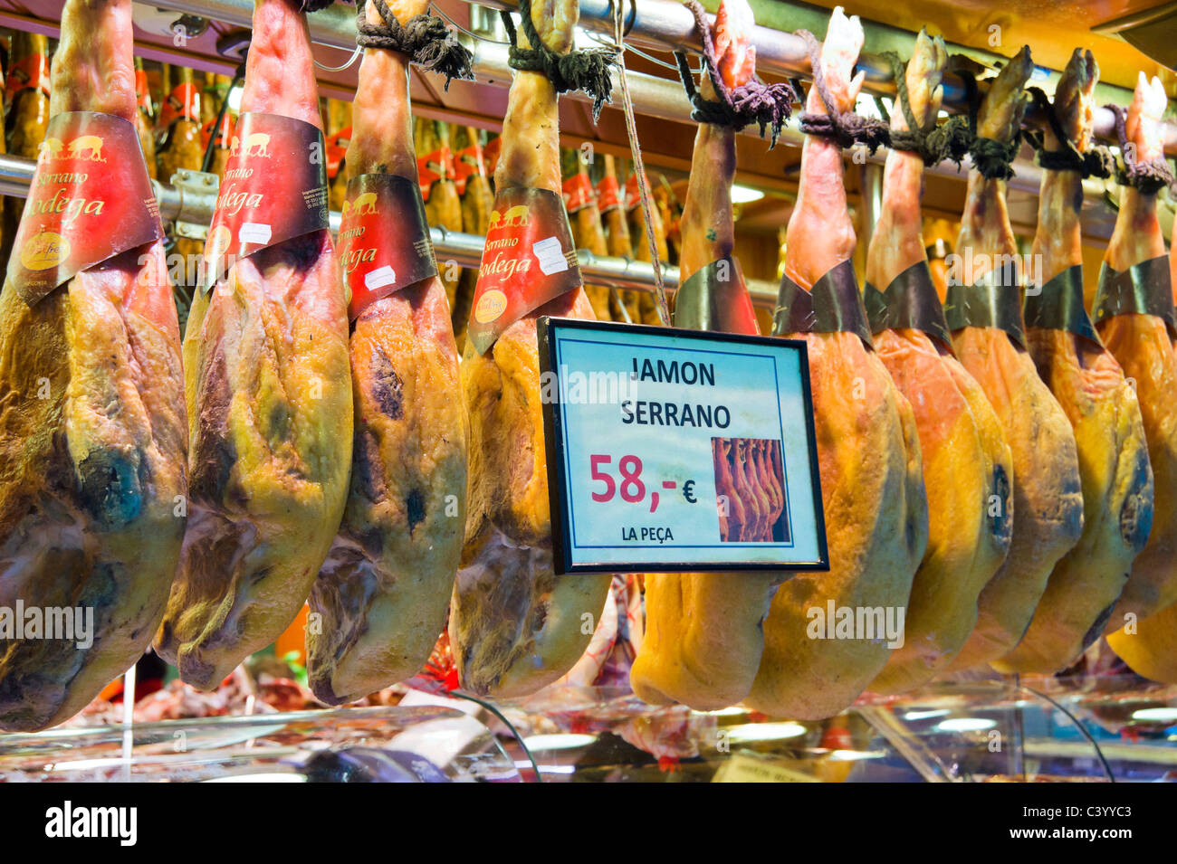Jamon Serrano for sale in La Boqueria public market, La Rambla (Las ...