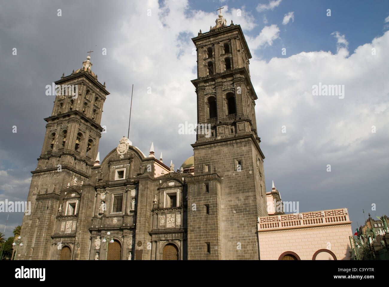 Puebla Cathedral (1575-1690).Main facade and the Towers. City of Puebla ...