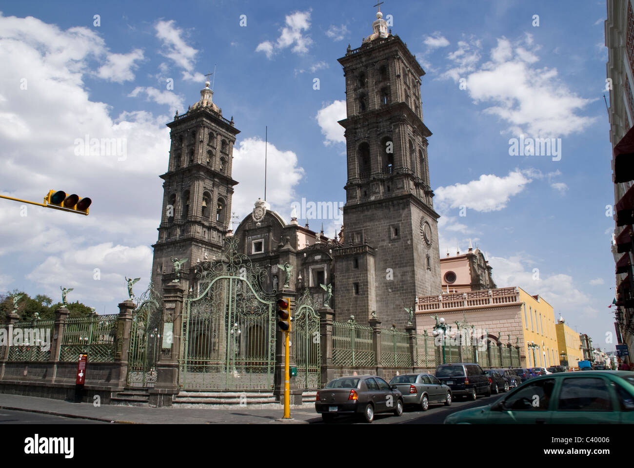 Puebla Cathedral (1575-1690).Main facade and the Towers. City of Puebla ...