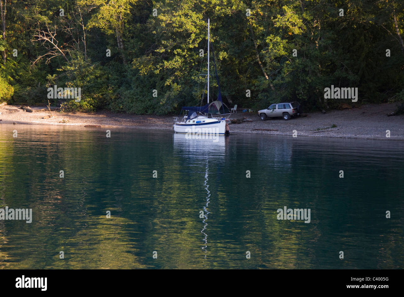 Camping by sailboat and vehicle on the beach, Harrison Lake, near ...