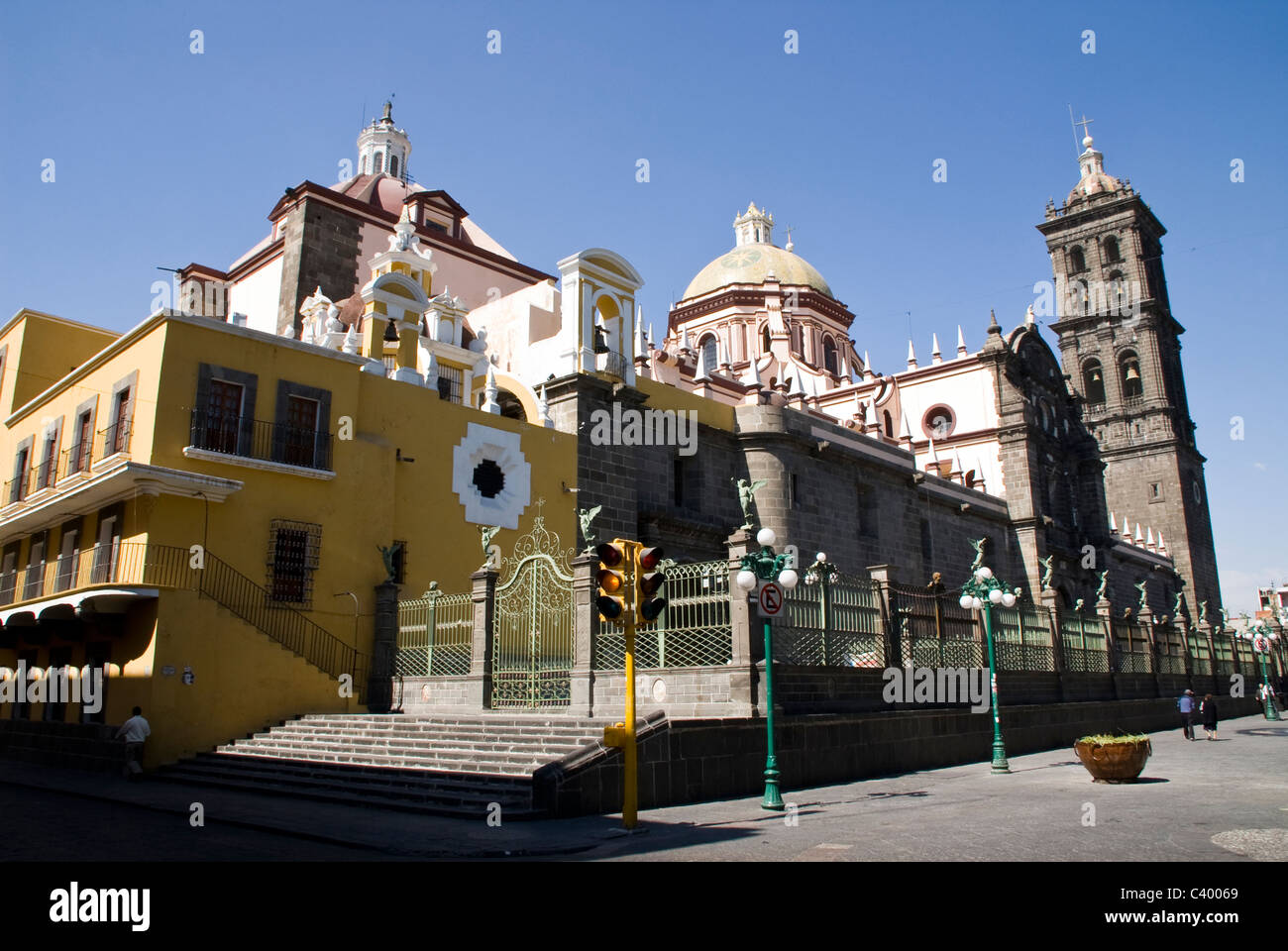 Puebla Cathedral (1575-1690).Main facade and the Towers. City of Puebla ...