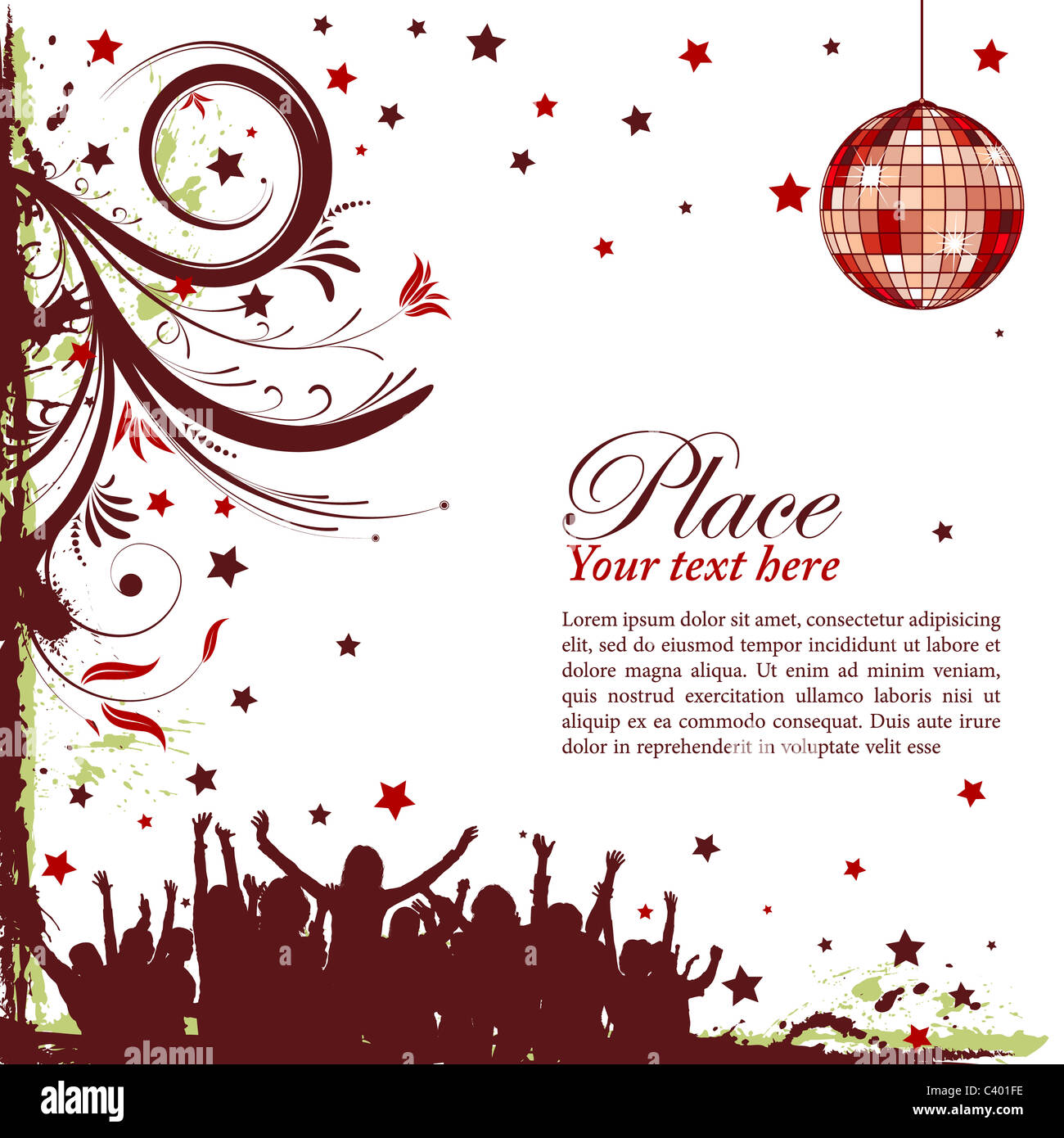 Party frame with flower and dancing silhouettes, element for design ...