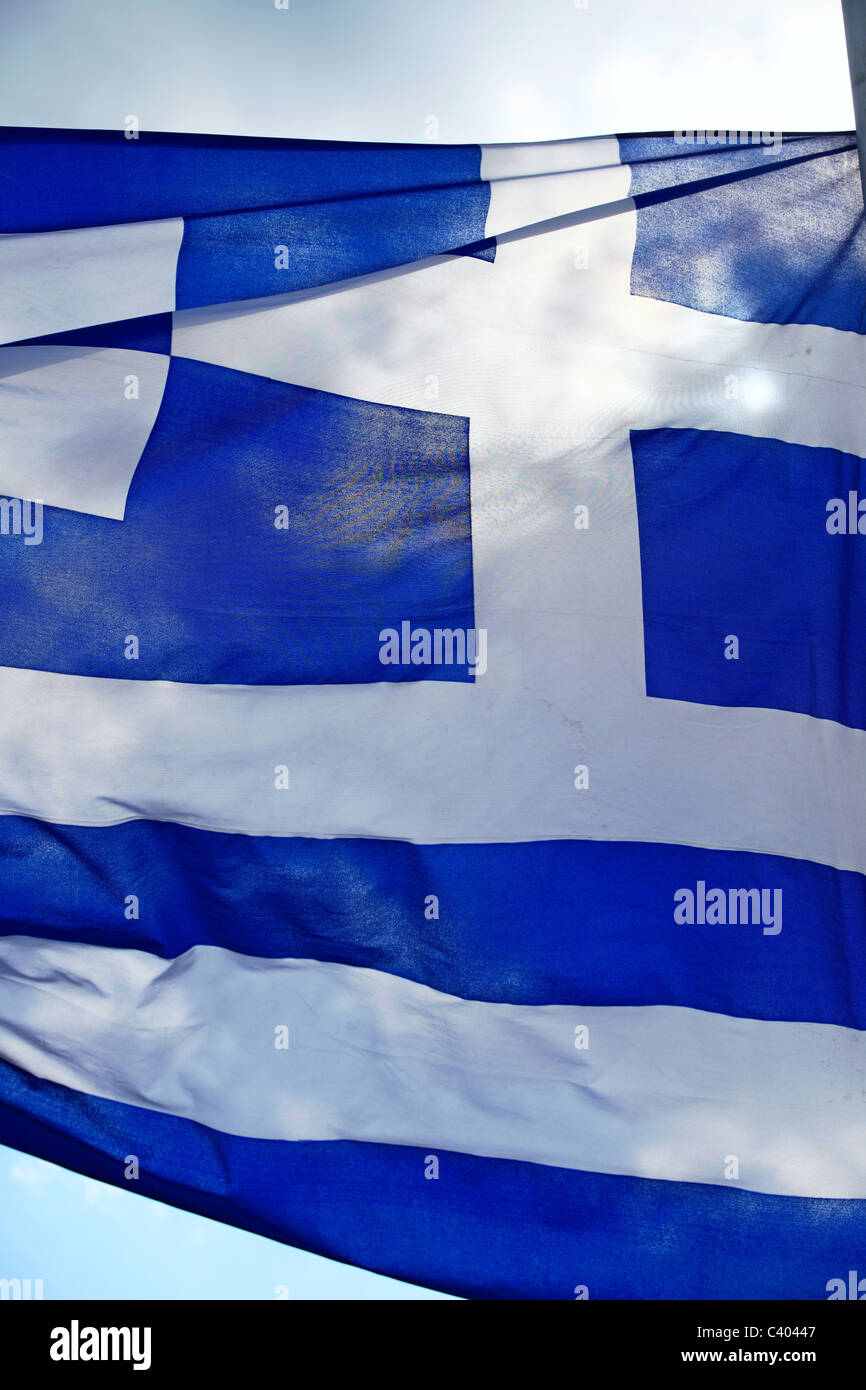 Greek flag on a Greek ship at the Pireaus harbour in Athens Greece ...