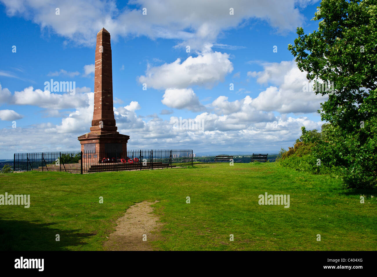 Frodsham War Memorial on a hill overlooking Frodsham and the valley of ...