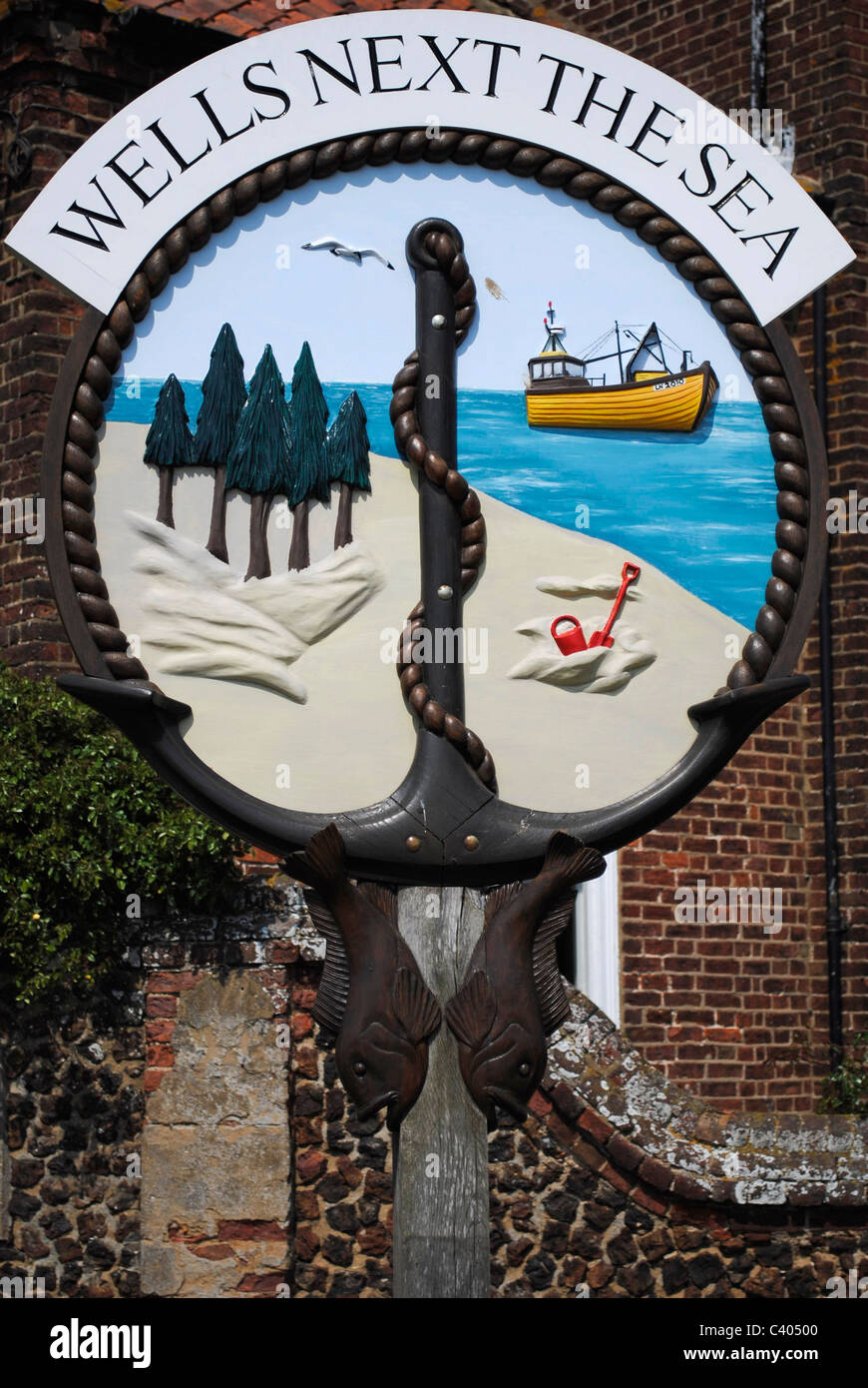 The village sign for Wells Next the Sea, Norfolk Stock Photo - Alamy