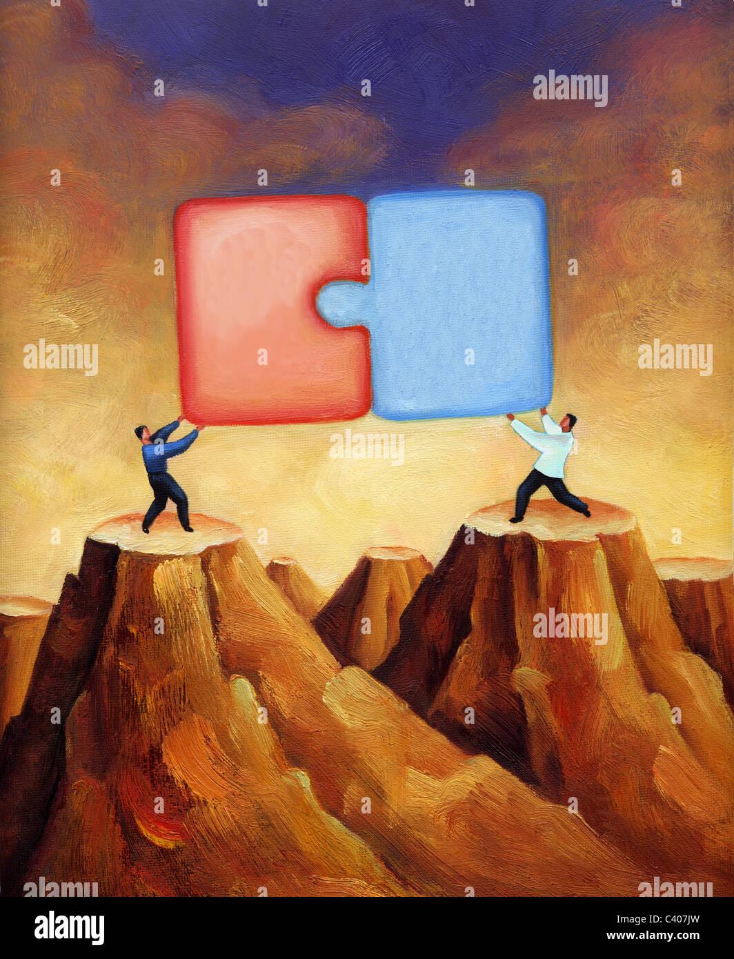 Illustration of two people putting a puzzle piece together Stock Photo ...