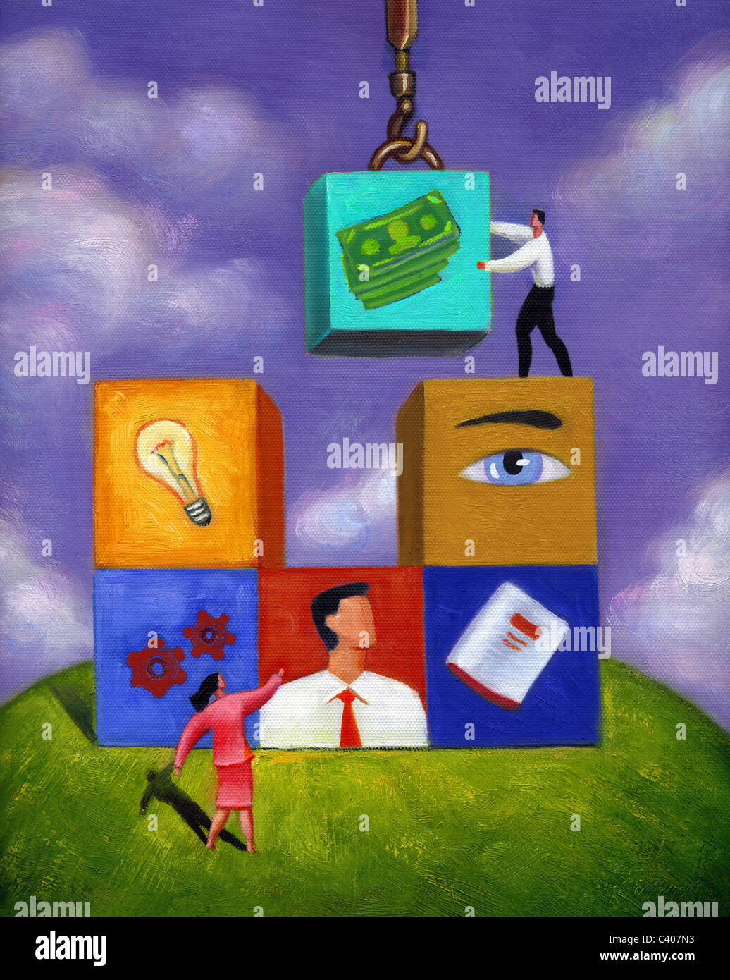 Illustration of people putting together blocks with symbols on them ...