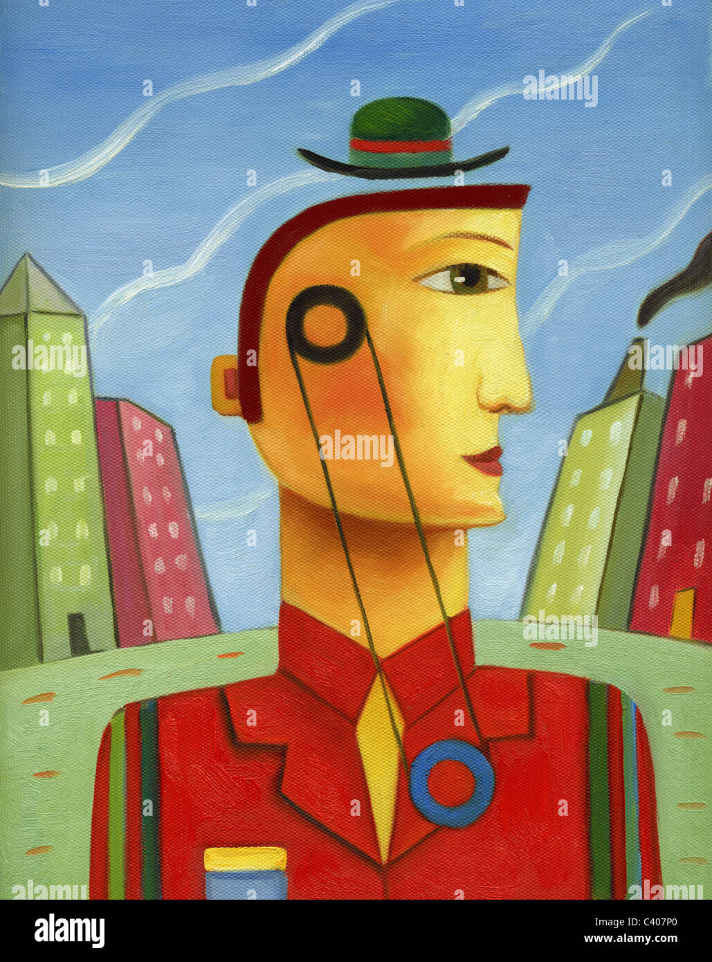 Illustration of a man with gears on his body Stock Photo - Alamy