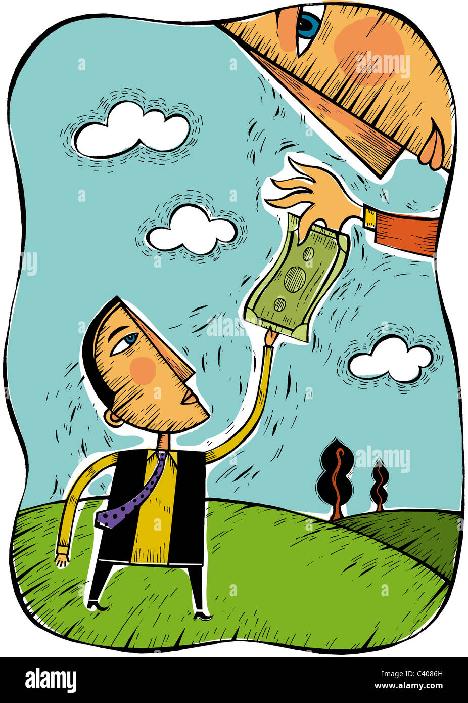 Illustration of a man giving another man money Stock Photo - Alamy