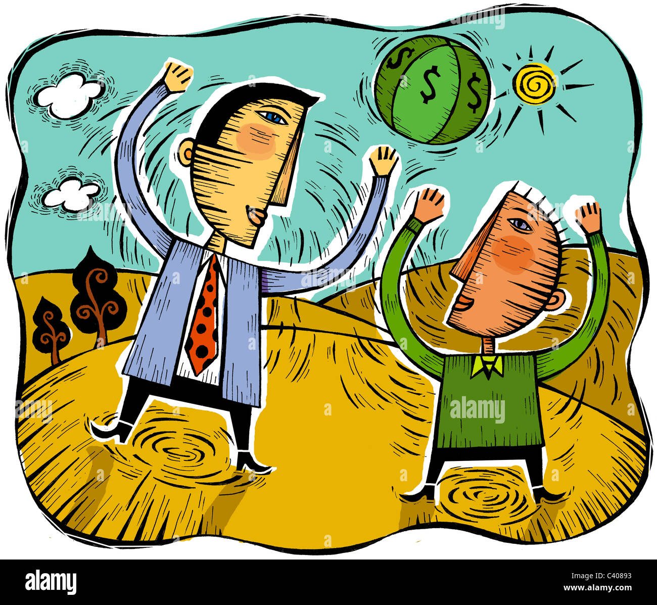 Illustration of two men playing with a ball that has money symbols on ...