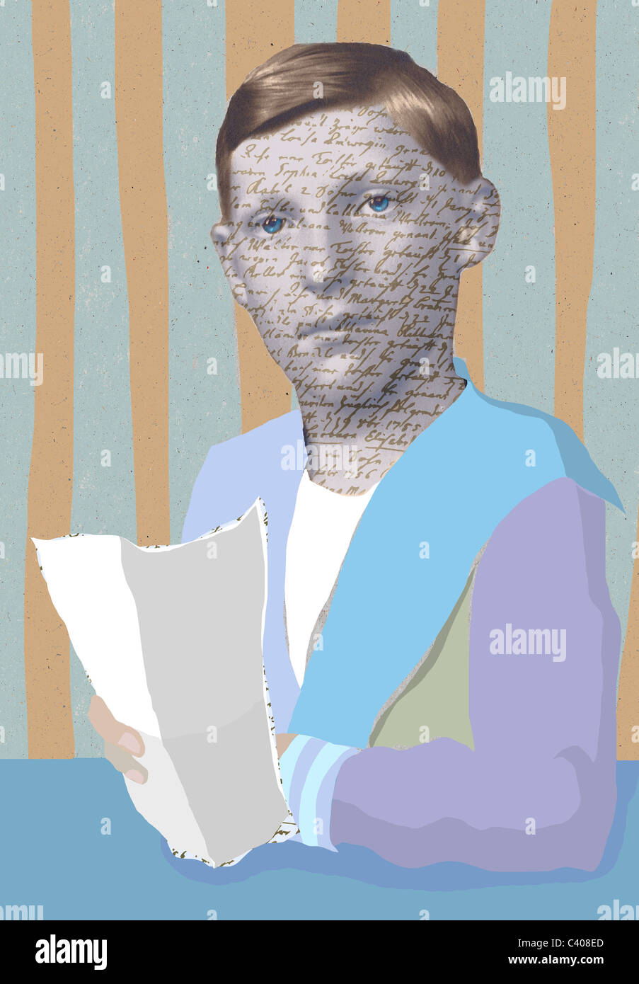 Illustration of a boy who has writing on his face while holding paper ...