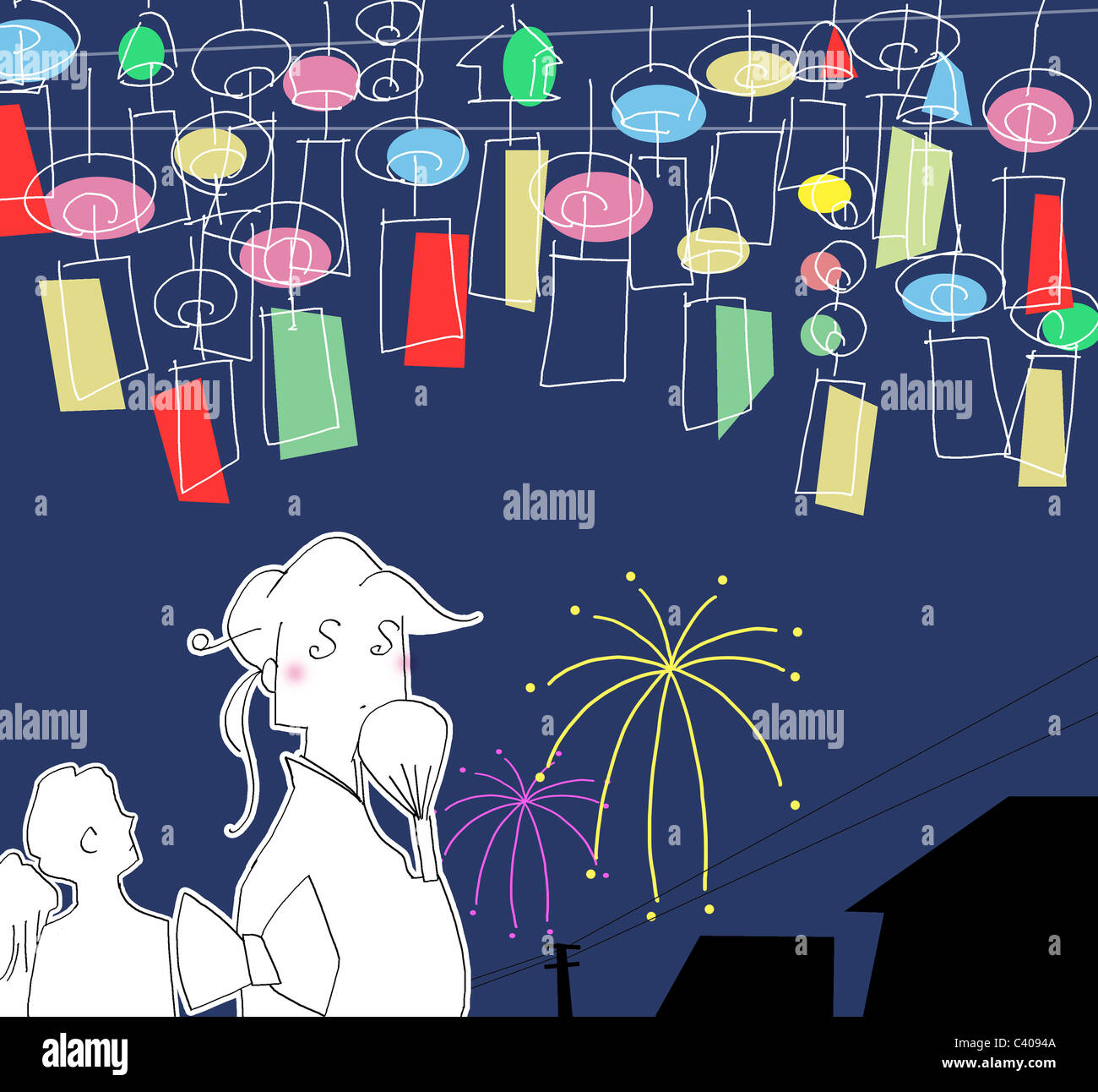 Illustration of people looking at the fireworks in the sky Stock Photo ...