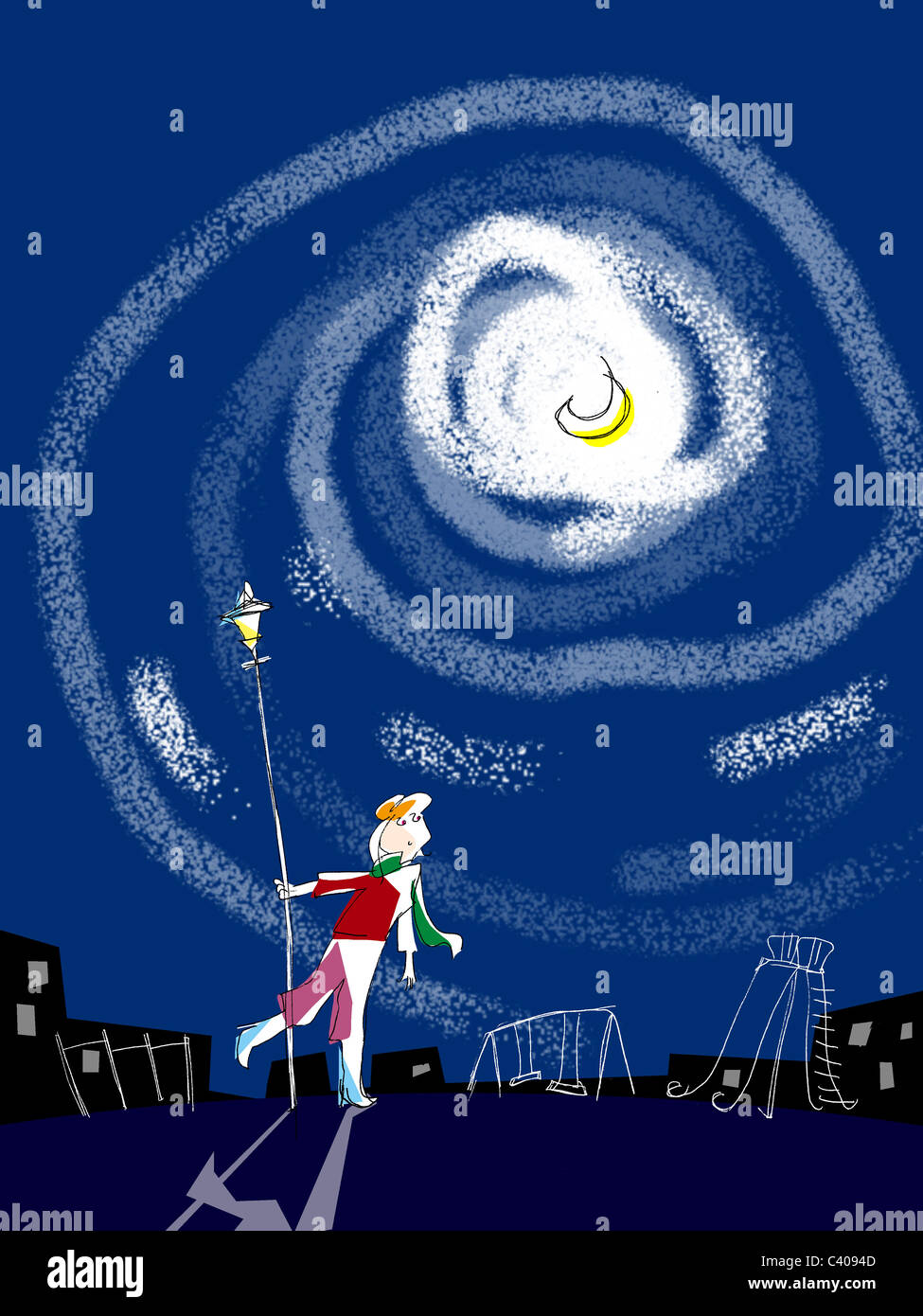 Illustration of a person walking at night Stock Photo - Alamy