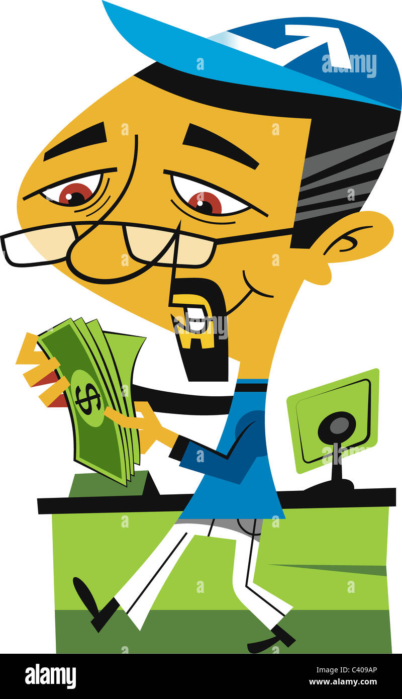 Illustration of a man counting money Stock Photo - Alamy